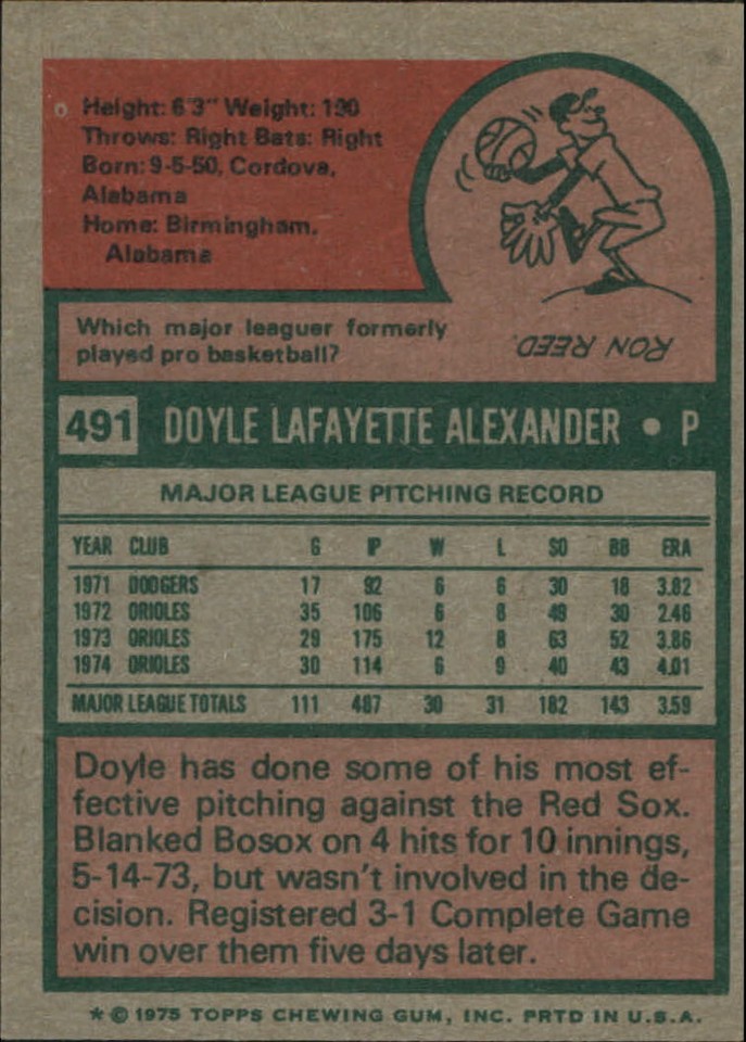 1975 Topps Baltimore Orioles Baseball Card #491 Doyle Alexander - EX-MT ...