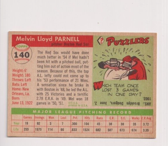 MEL PARNELL 1955 TOPPS BASEBALL #140 BOSTON RED SOX VINTAGE BASEBALL ...