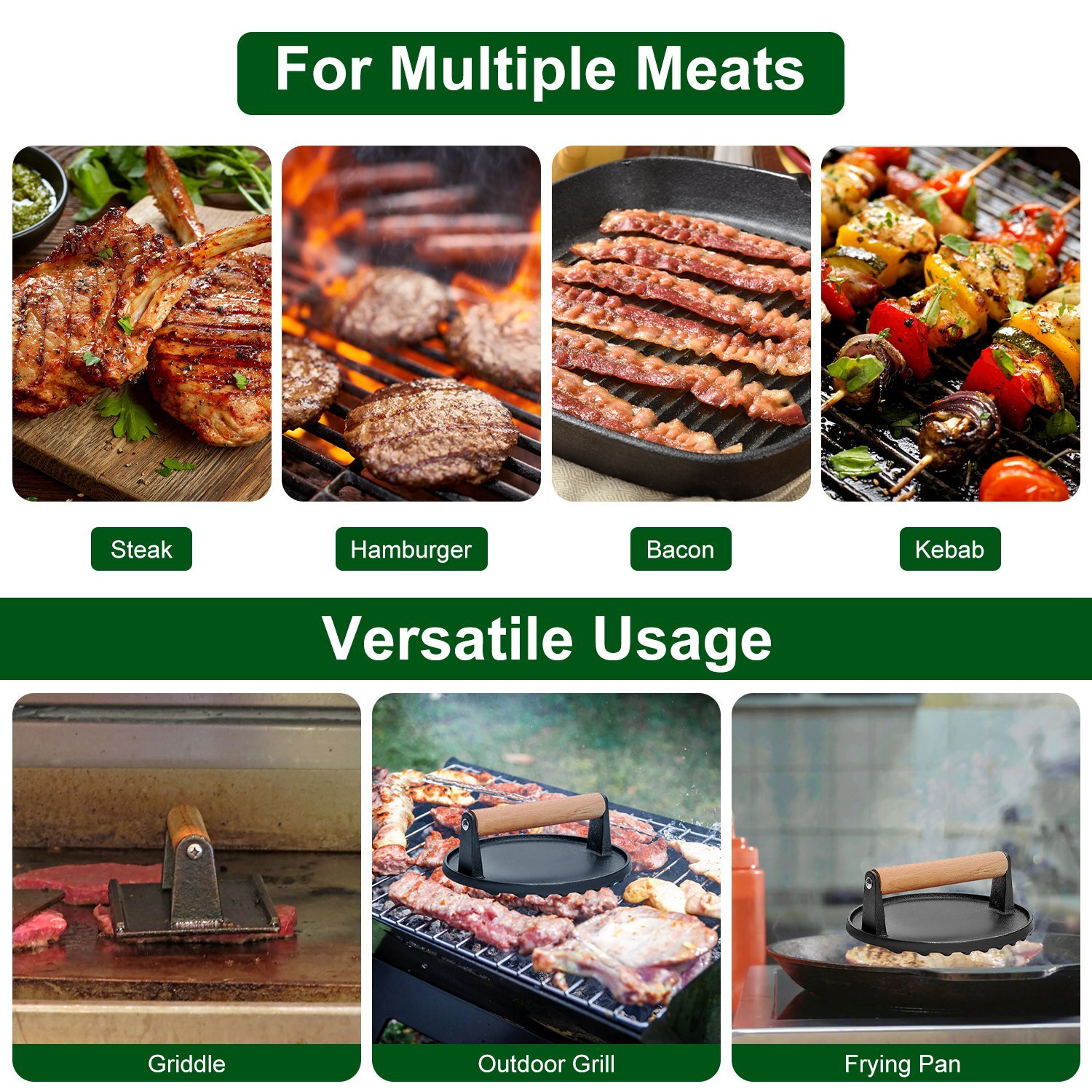 2PCS Cast Iron Steak Press Bacon Weights BBQ Burger Grills Meat Smasher ...