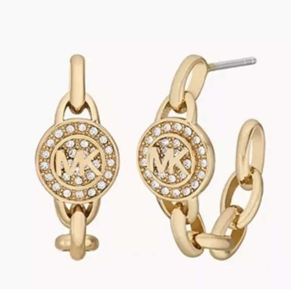NEW MICHAEL KORS GOLD TONE,PAVE CRYSTALS MK LOGO HOOPS EARRINGS MKJ8170 ...
