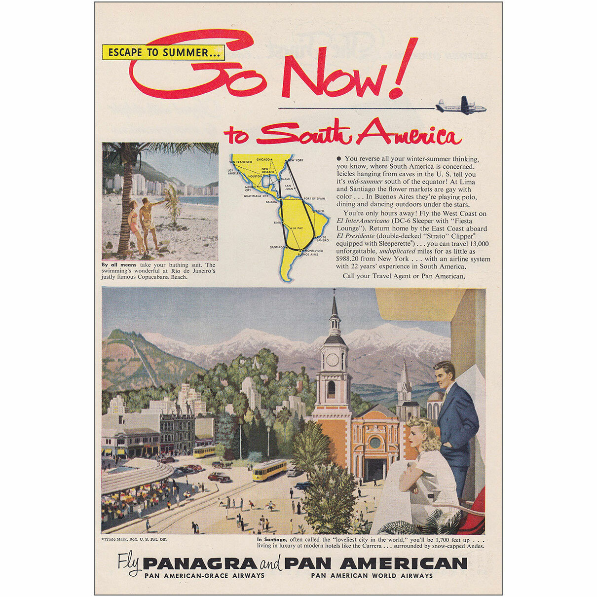 1950 Panagra, Pan Am: Santiago, South America Vintage Print Ad | eBay