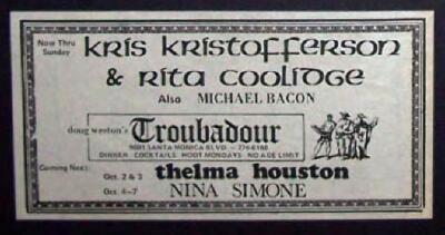 Kris Kristofferson & Rita Coolidge Nina Simone Troubadour LA 1973 ...