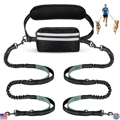 Hands-Free Double Dog Leash with Pouch, Retractable, Padded Handles for ...