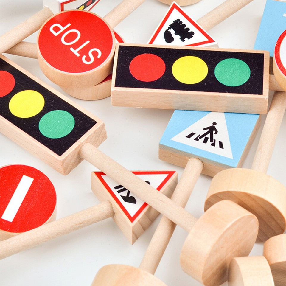 16X Wooden Traffic Signs Playset Street Road Signs Model Educational ...
