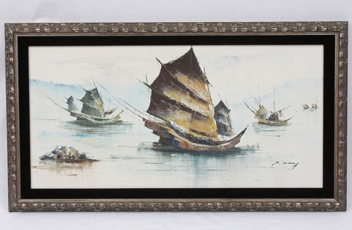 P. Wong Vintage Oil Painting Large 34" Mid Century Chinese Junk Ships ...