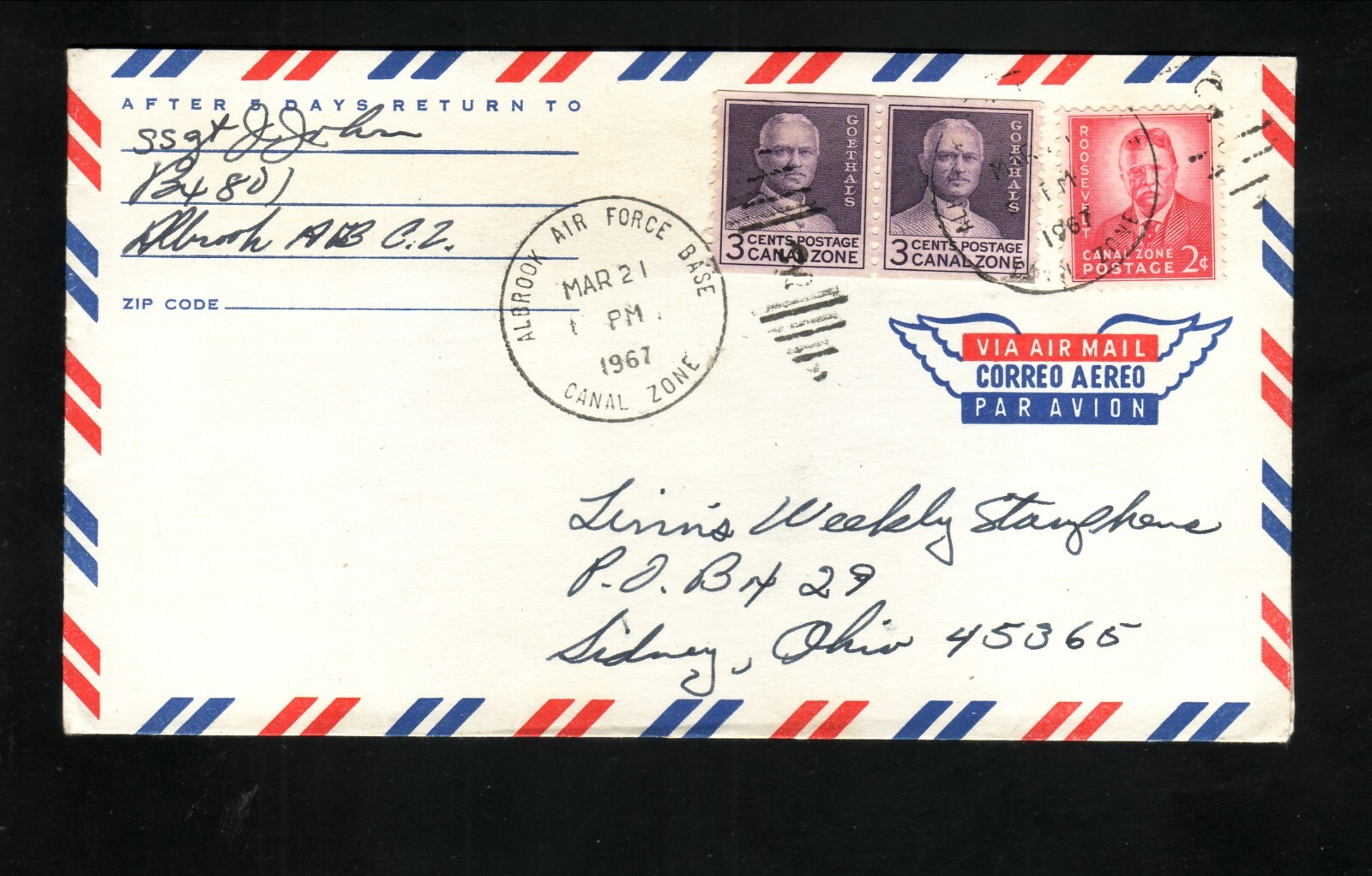 1967 Alvbrook Air Force Base (DPO 1997)Canal Zone Air Mail Cover to ...