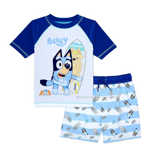 BLUEY Disney Swim Trunks Rash Guard Shirt Set Boys Swimsuit Size 2T 3T ...