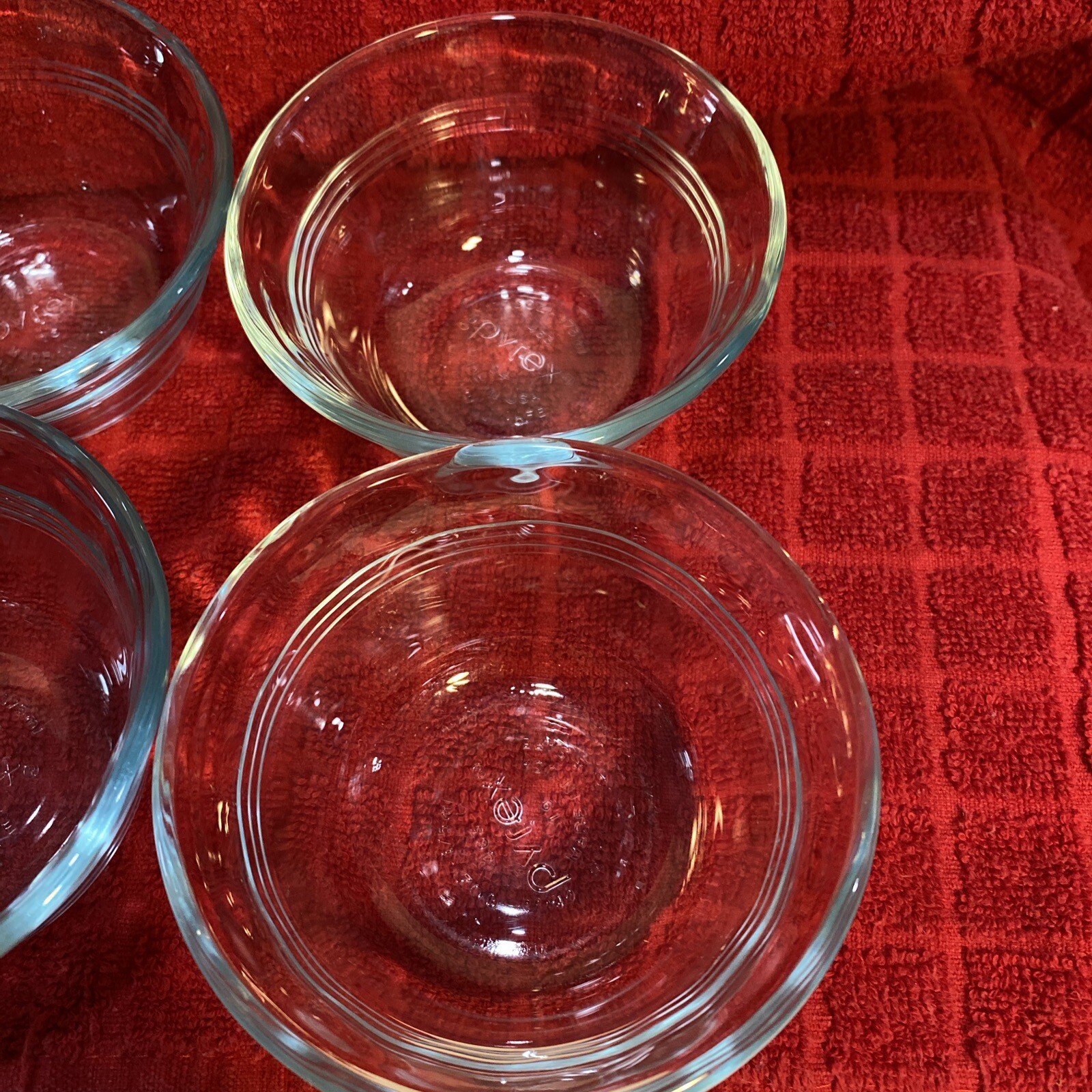 4 Vintage PYREX Custard Cups Clear Glass 3 Band Ramekin 6 Ounce Dessert ...
