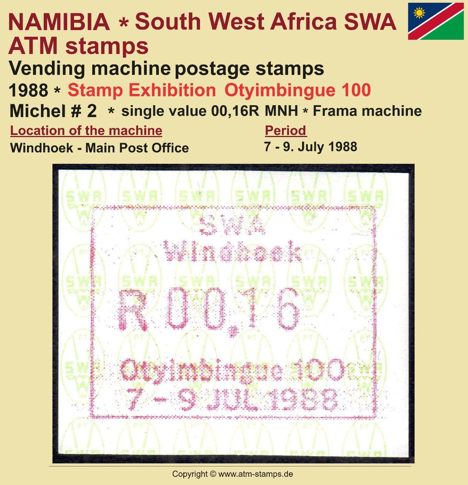 1988 South West Africa SWA NAMIBIA ATM 2 / Otyimbingue 100 / 00,16 MNH ...