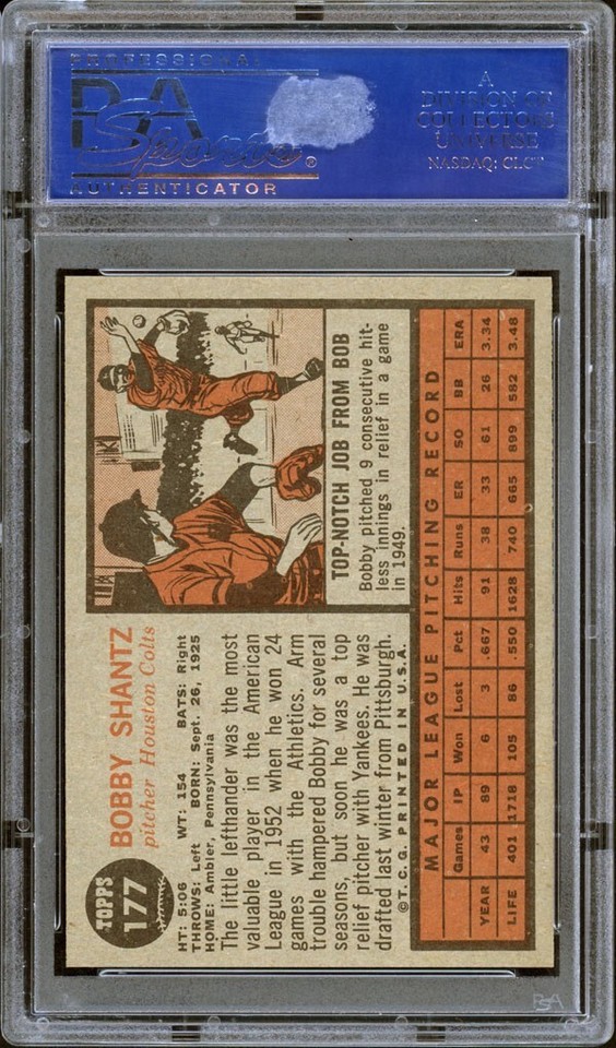 1962 TOPPS BASEBALL #177 BOBBY SHANTZ (HOUSTON COLTS) PSA 8 NM-MT Set ...