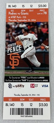 MLB 2014 09/25 San Diego Padres at SF Giants Full Ticket | eBay
