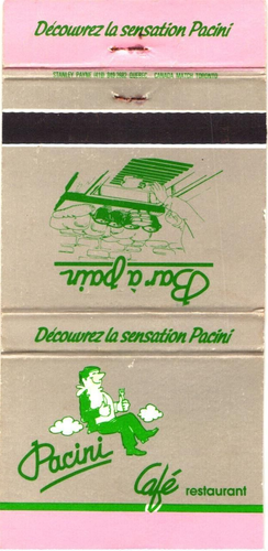 Quebec Montreal Canada Pacini Cafe Restaurant Vintage Matchbook Cover ...