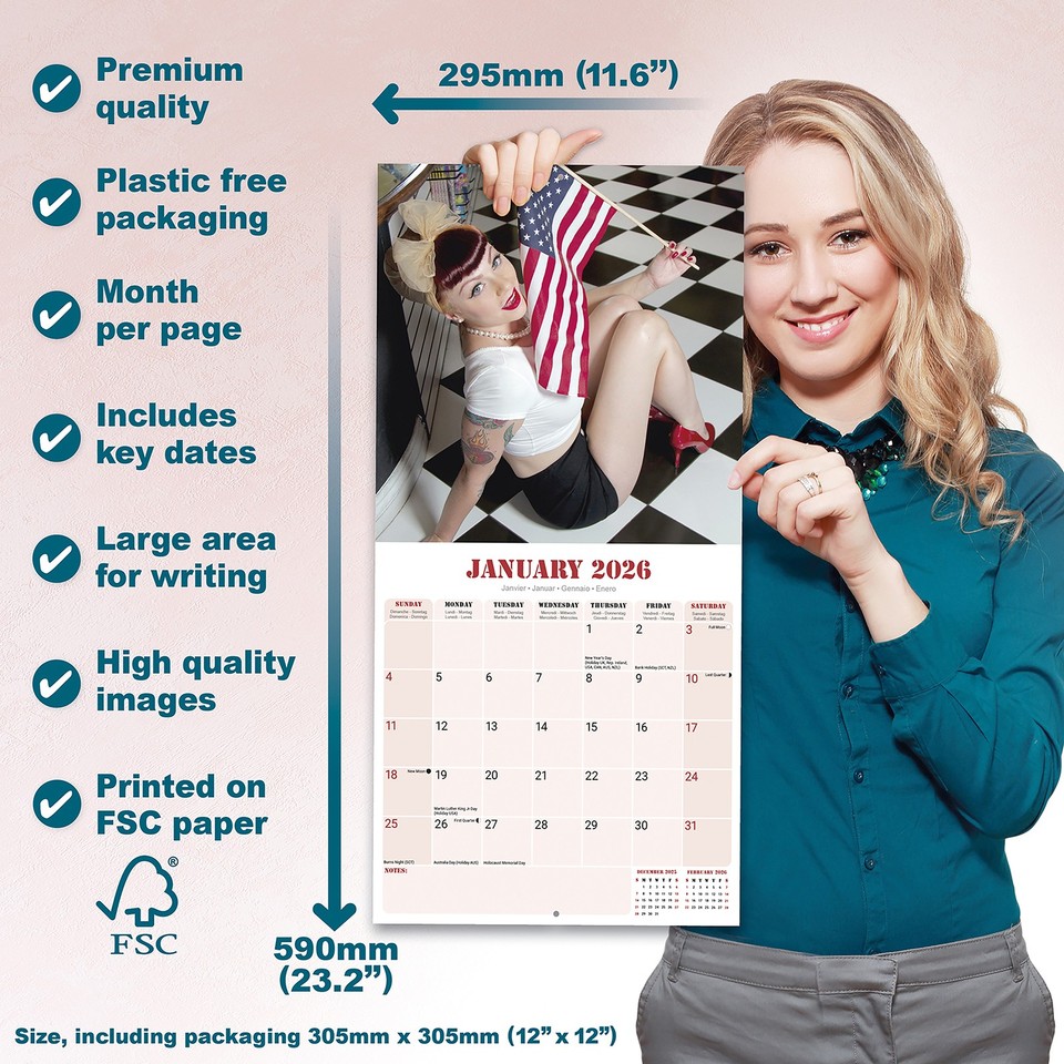 Retro Pin-Ups Calendar 2026 | 12x24" 16 Months | Glamour Women Gift ...