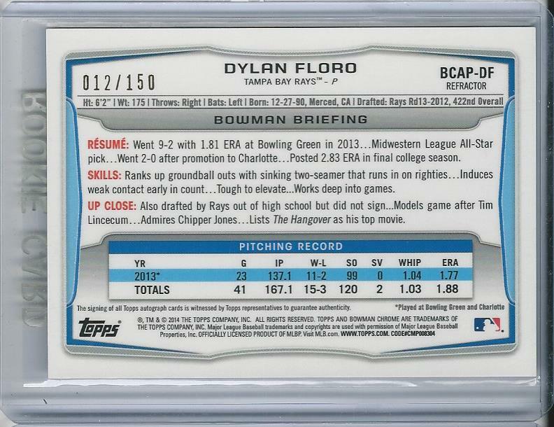 2014 BOWMAN CHROME DYLAN FLORO RAYS DODGERS RC BLUE REFRACTOR AUTO SP ...
