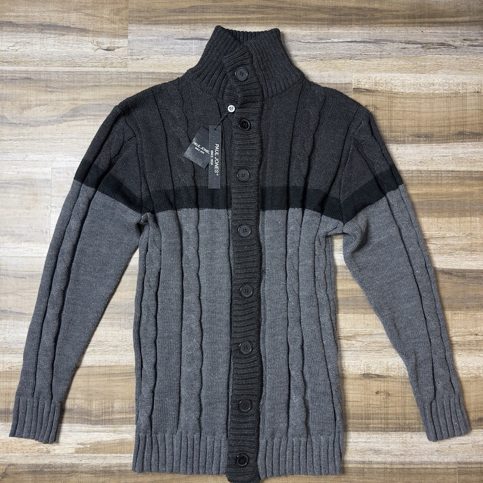 PJ Paul Jones Cable Knit Cardigan Sweater Mens Large Gray Black | eBay