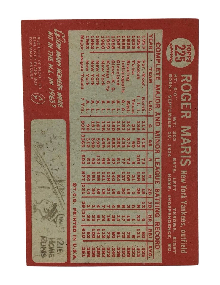 1964 Topps Roger Maris #225 NY Yankees Legend HOF Sharp Corners Vivid ...