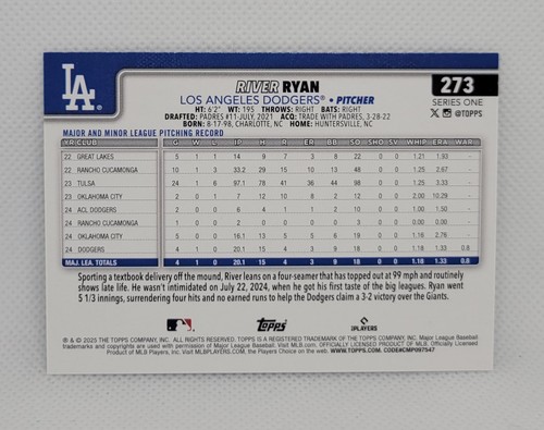 💥 2025 Topps Series 1 River Ryan Rookie Sandglitter SP #273 LA Dodgers ...