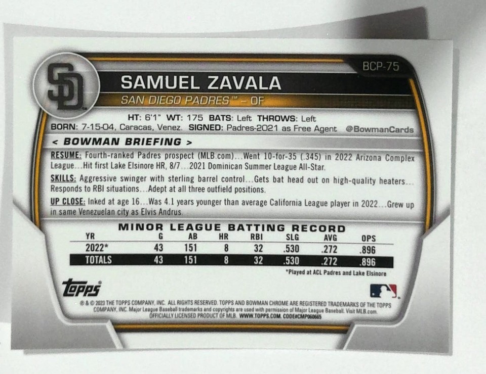2023 Bowman #BCP-75 Samuel Zavala Chrome Prospects San Diego Padres ...