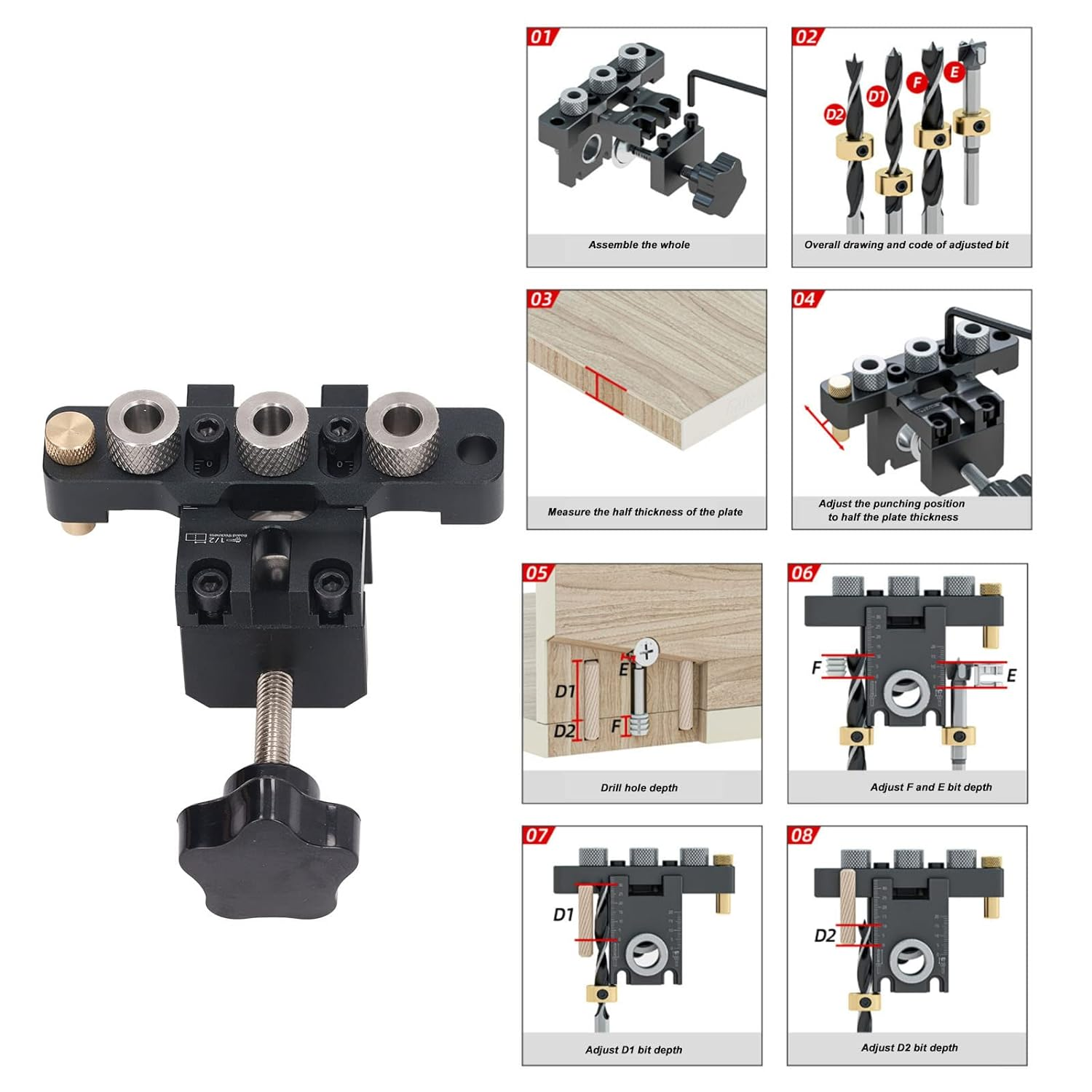 3 in 1 Doweling Jig Drill Kit, Dowel Jig Kit with 4 Brass Locators ...