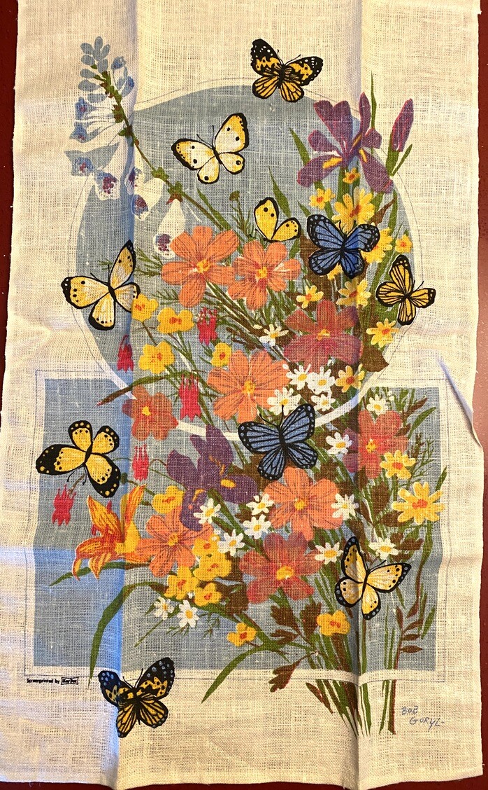 VTG Pure Linen Tea Towel Dogwood Butterfly Bob Goryl Botanical NOS ...
