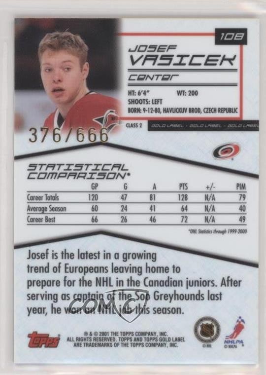 2000-01 Topps Gold Label Class 2 /666 Josef Vasicek #108 Rookie RC | eBay
