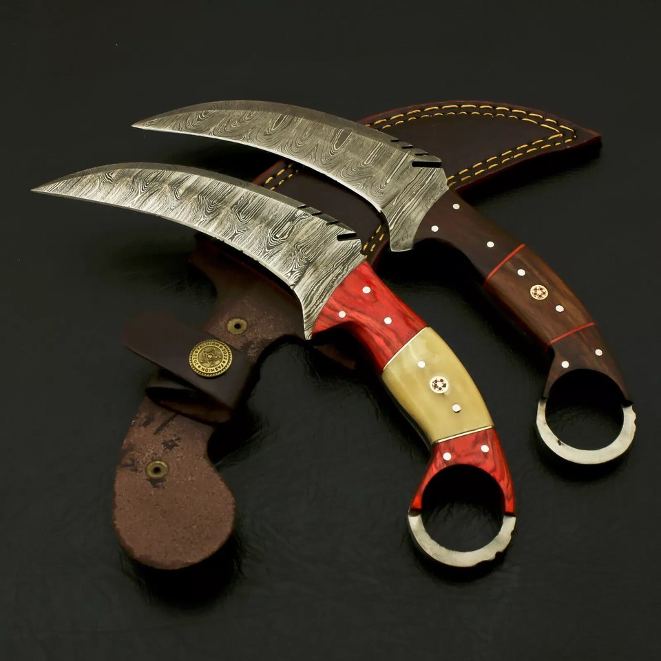 Damascus Steel Handmade Karambits Knife Custom Knife Horn Bone Leather ...