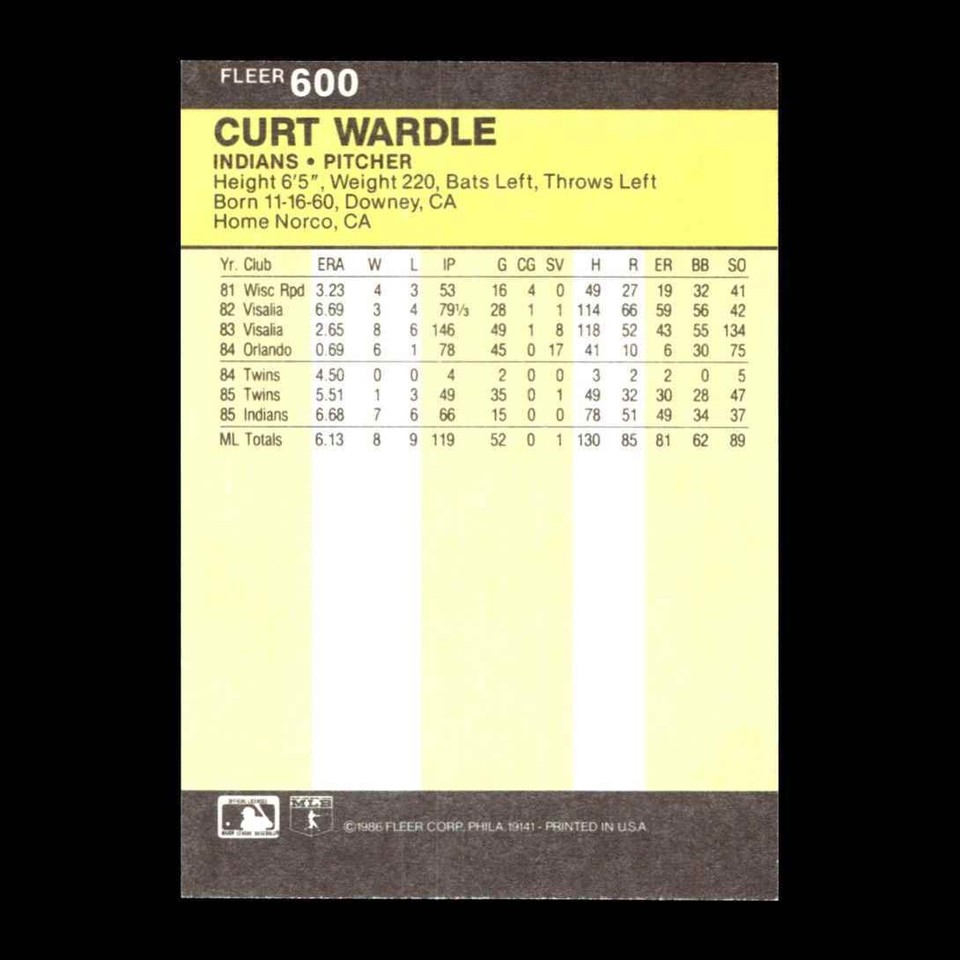 Curt Wardle 1986 Fleer Rookie Cleveland Indians #600 R318I 98 | eBay