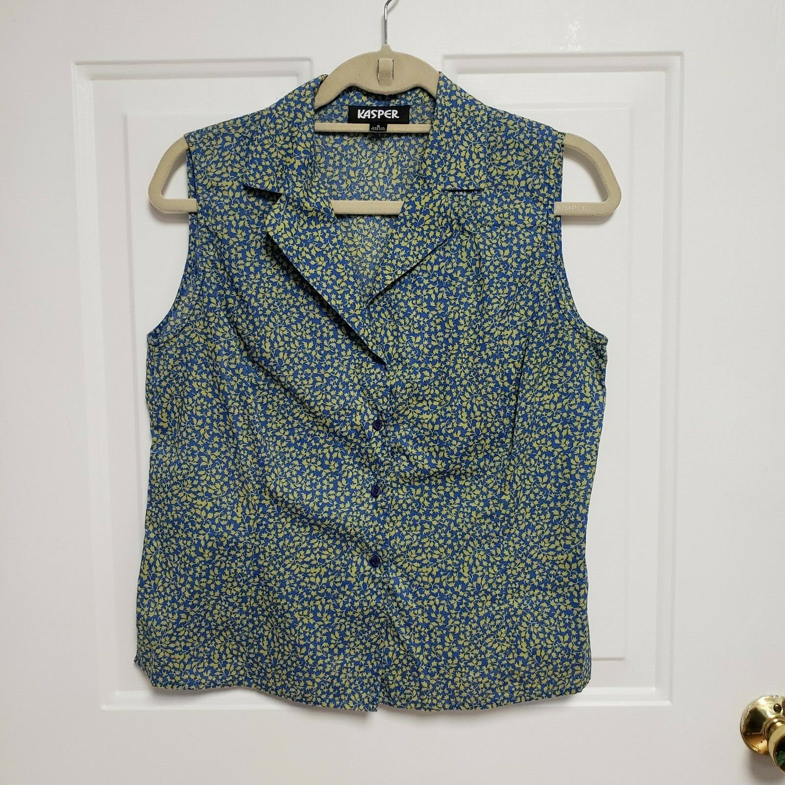 Kasper Blue/Yellow Floral Lightweight Button Front Sleeveless V Neck ...