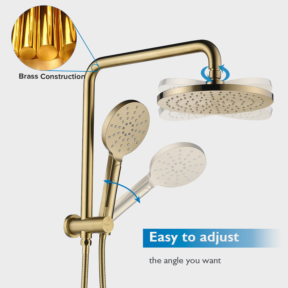 Decaura Shower Head Set Gooseneck Arm Rain and Hand Held Brushed Gold ...
