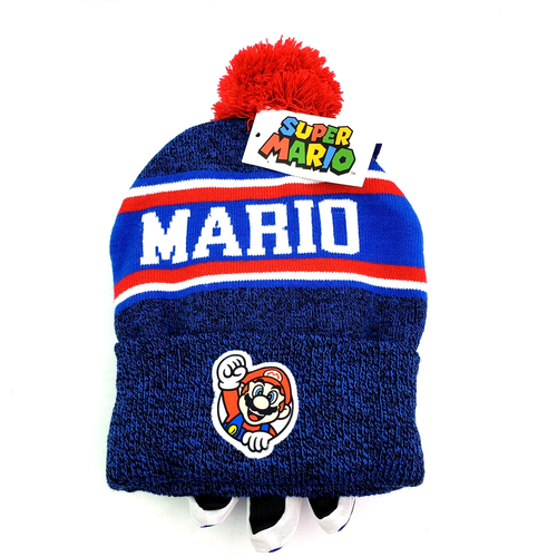 Nintendo Super Mario Bioworld Boys Size S/M Blue Knit Pom Beanie Hat ...