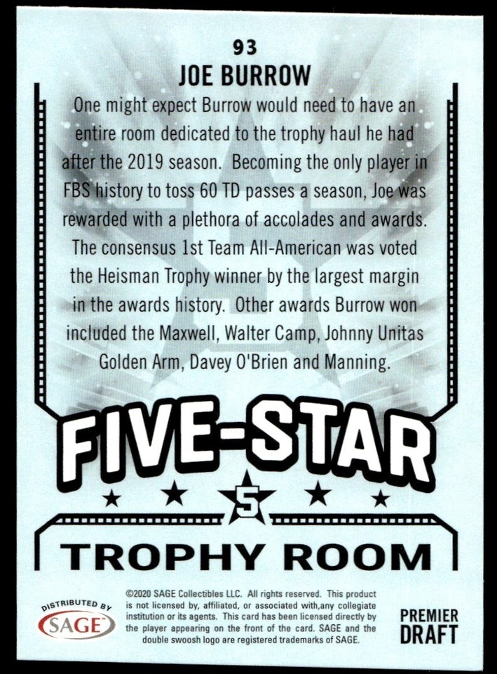 2020 SAGE HIT Joe Burrow Rookie G55 LSU Tigers #93 | eBay