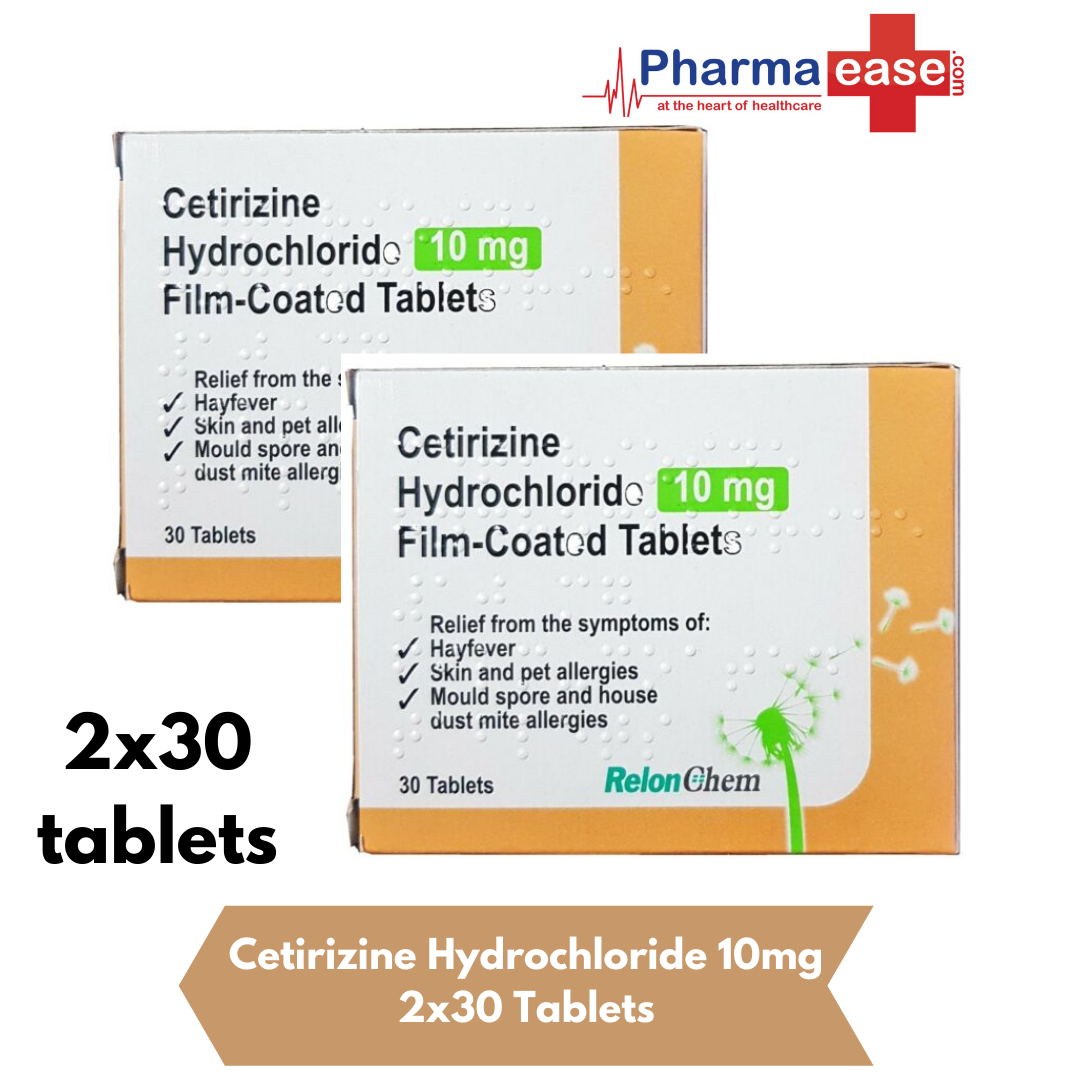 RelonChem Cetirizine 10mg For Hayfever & Allergy Relief 30 Tablets x 2 ...