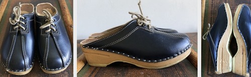 VTG BASTAD NAVY BLUE LEATHER LACE-UP CLOGS WOODEN PLATFORM SHOES ...