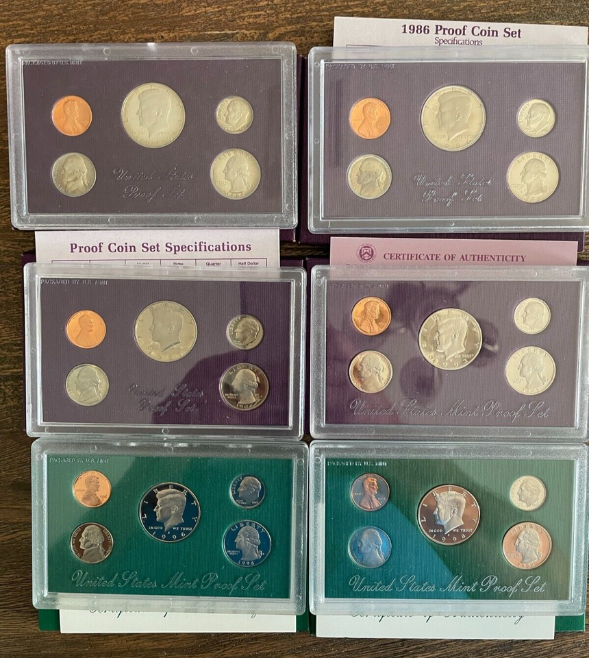 6 United States Mint Proof Coin Sets in Boxes 85 86 87 93 96 98 Kennedy ...