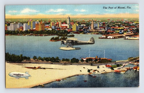 Postcard Florida Miami FL Port Goodyear Blimp Pontoon Plane 1951 Posted ...