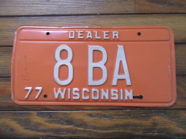 1977 Wisconsin Dealer license plate, low number 8BA, original condition ...