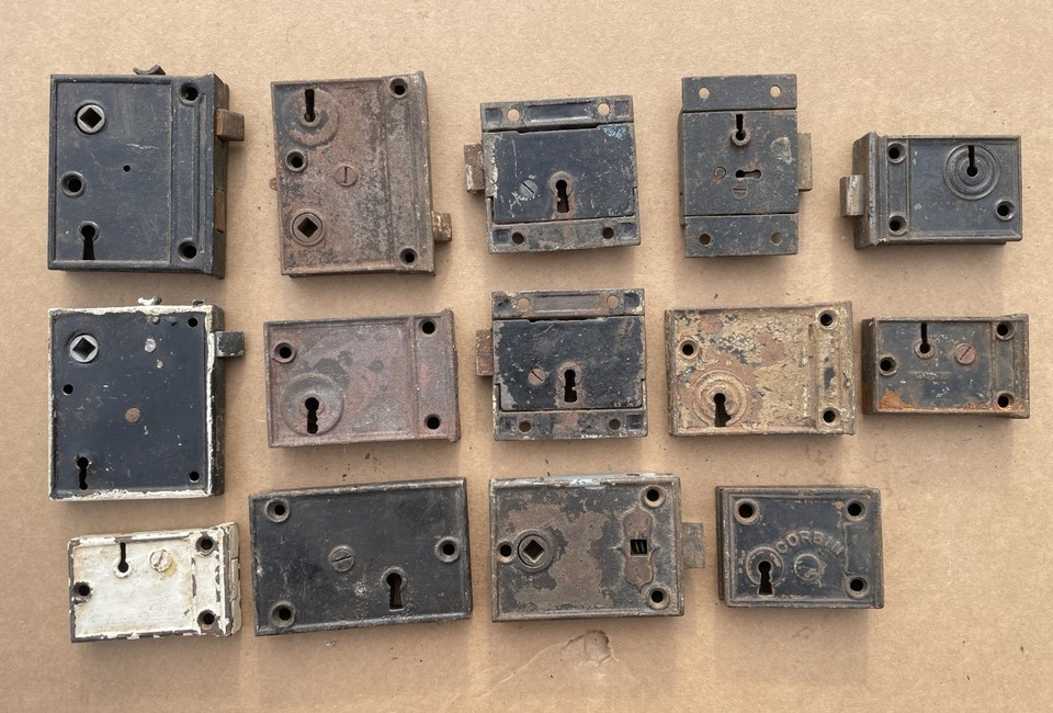 OUTSTANDING Bulk Lot of (14) Antique DOOR RIM LOCKS Mixed Sizes Applied ...