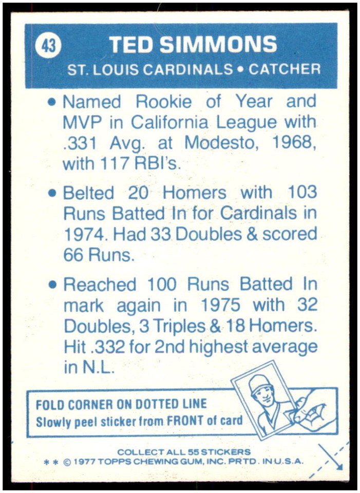 1977 Topps Cloth Stickers #43 Ted Simmons B | eBay