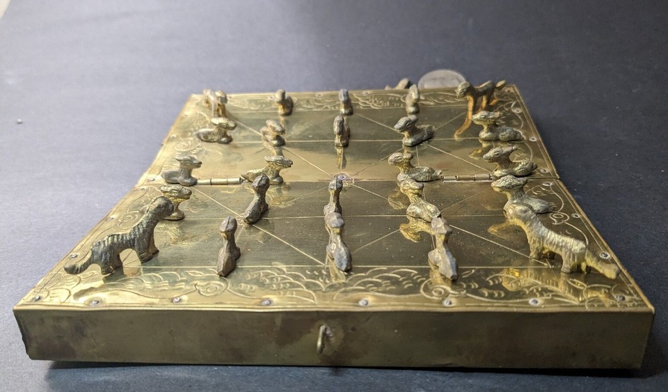 Bagh Chal Tiger Goat Board Game Rare Unique Brass 6" x 6" Small version ...
