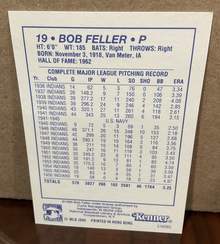 BOB FELLER 1995 KENNER STARTING LINEUP CARD COOPERSTOWN COLLECTION ...