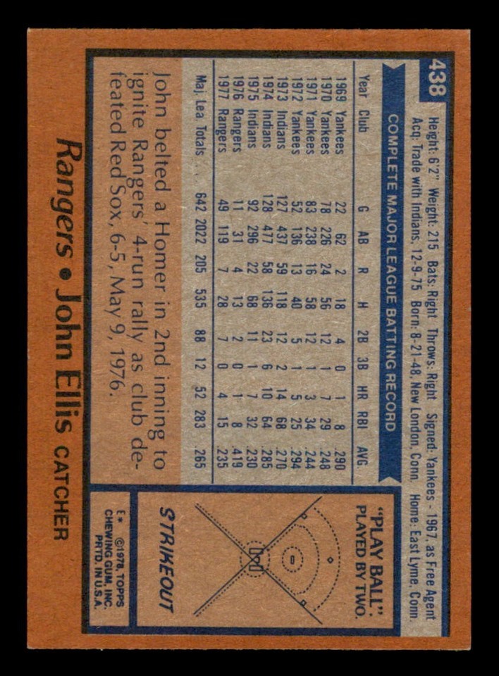 1978 Topps Baseball #438 John Ellis EX/MT *d9 | eBay