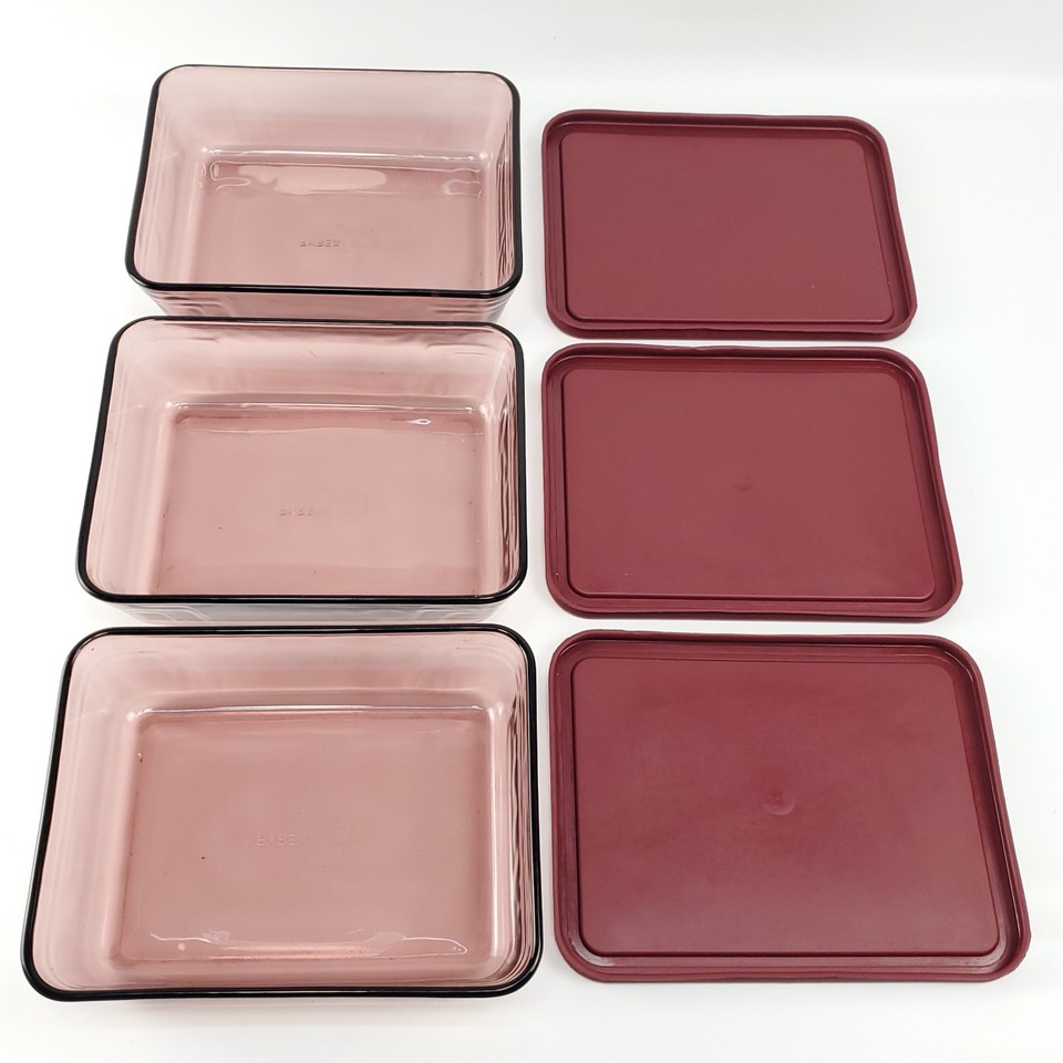 3 Vintage Pyrex Cranberry Visions Glassware 9x7x3 Containers + Lids Set ...