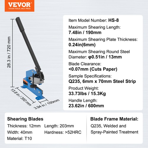 VEVOR 8" Manual Hand Plate Shear Benchtop Cutter Metal Sheet Processing ...