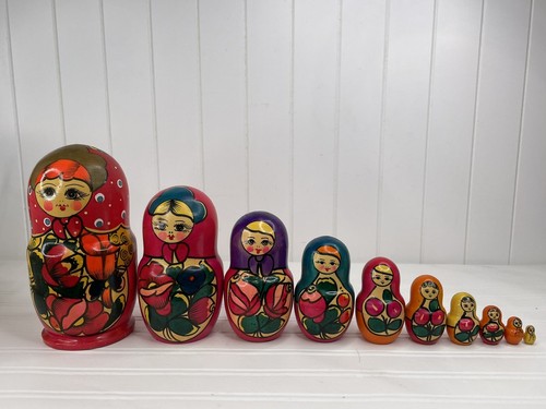 Vtg Wooden Russian 10 Piece Nesting Dolls Matryoshka Hand Painted ...