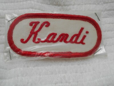 KANDI USED EMBROIDERED SEW ON NAME PATCH TAGS OVAL RED ON WHITE | eBay