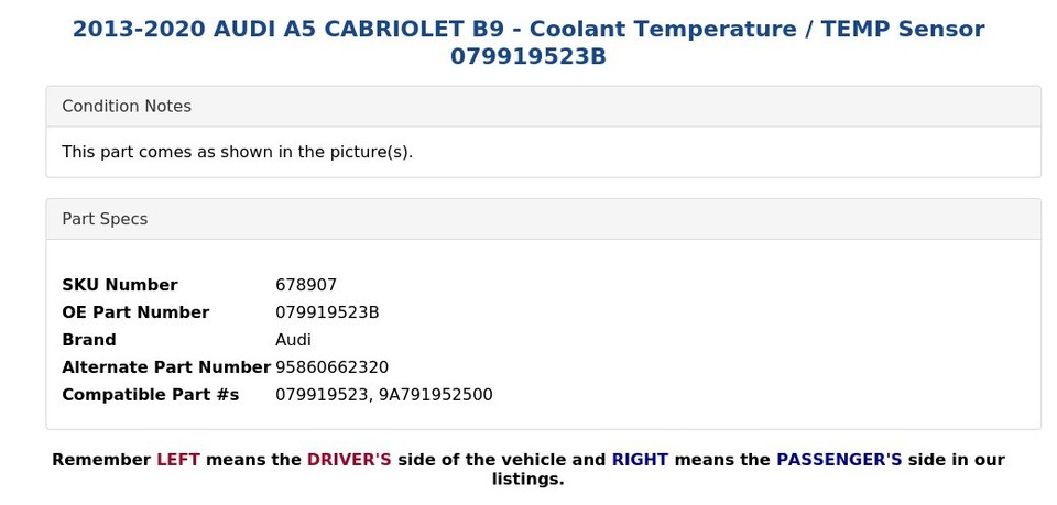 2013-2020 AUDI A5 CABRIOLET B9 - Coolant Temperature / TEMP Sensor ...