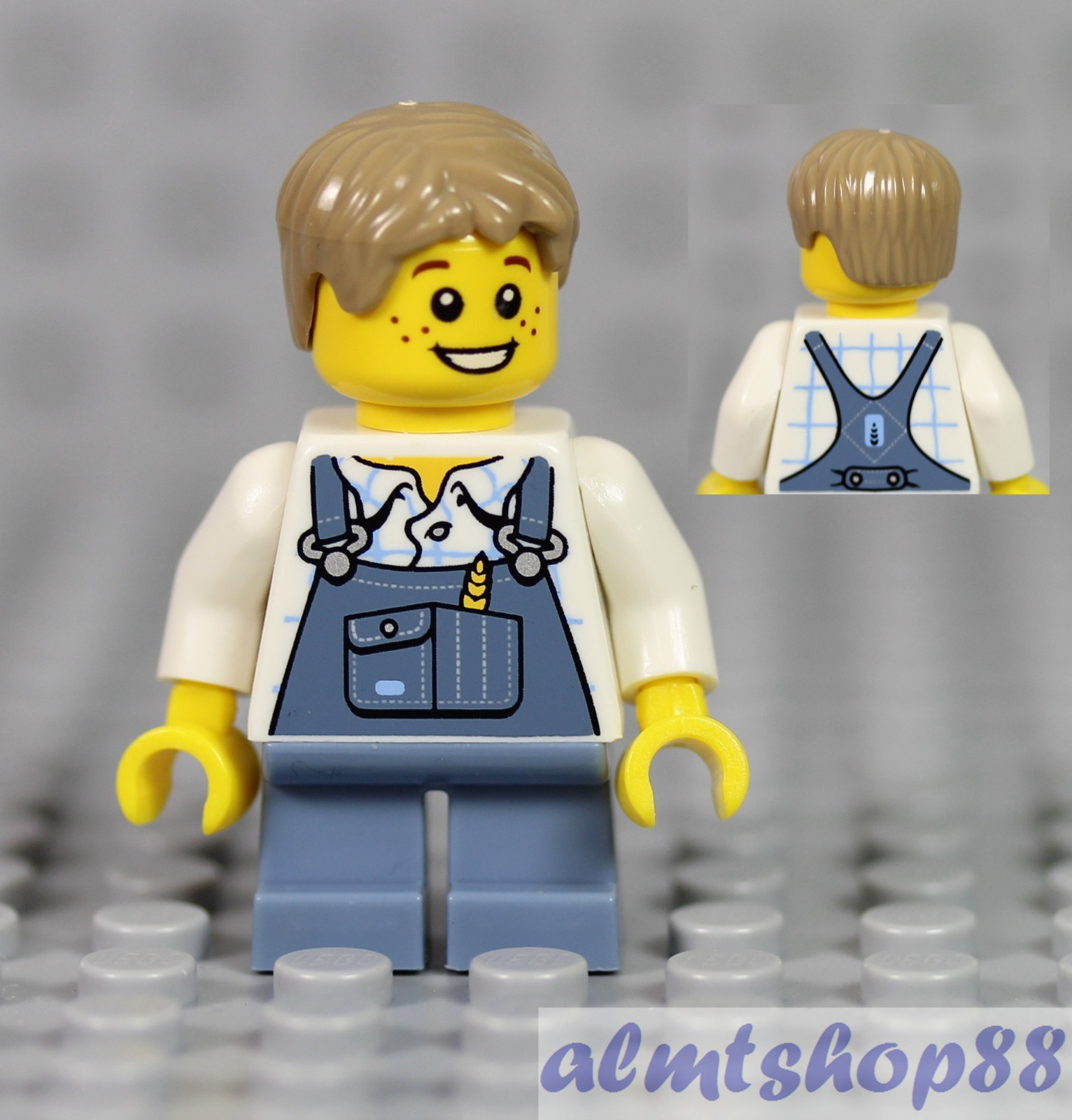 LEGO - Boy Kids Minifigure w/ Sand Blue Overalls Wheat Spike & Dark Tan ...
