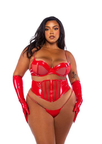 Plus Size Red Patent Faux Leather & Mesh Bra, Waspie Corset & Thong ...