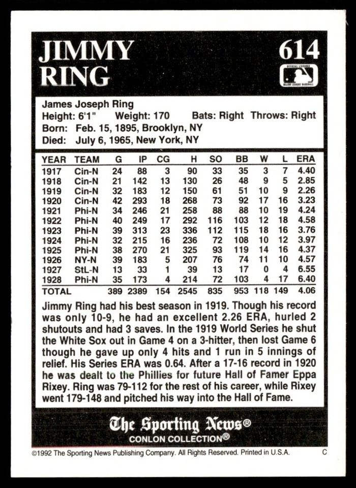 1992 Conlon Collection TSN Jimmy Ring New York Giants #614 | eBay