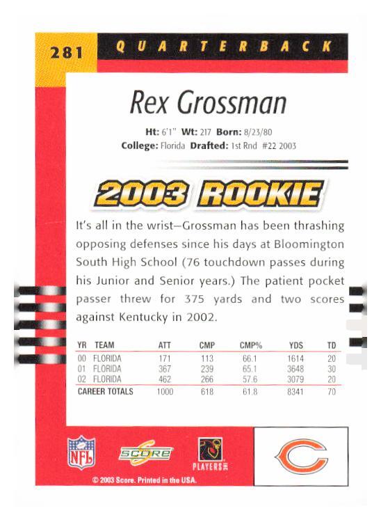 2003 Score #281 Rex Grossman RC | eBay